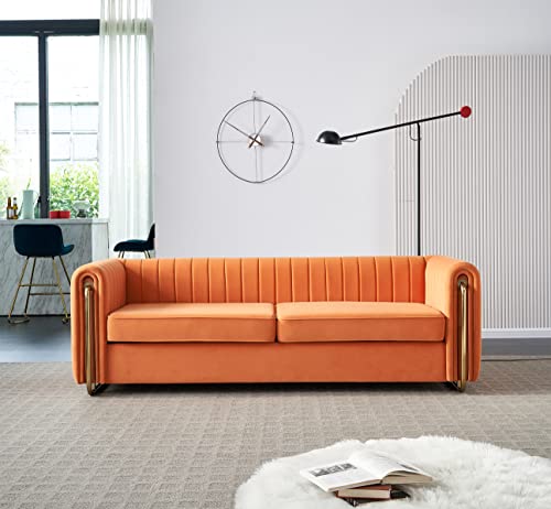 Melpomene Vertical Channel Tufted Velvet Sofa with Round Arm and Gold Metal Legs,Armrest 84.25" W(Orange)