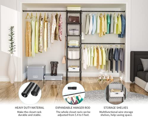 Ulif M1 Closet Storage Organizer System, 6 Tiers Heavy Duty Metal Clothing Garment Rack with 3 Expandable Hanger Rods, Wall Mounted Space Saver Suits from 3.3-8.7 ft. Width, 71.2”H x 14”D, Black