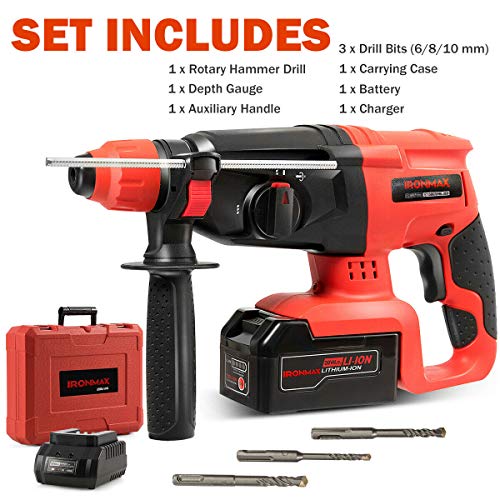 Goplus 1 Inch SDS Plus Cordless Rotary Hammer Drill, 20V 3 Functions Variable Speed Demolition Hammer Kits w/ 4.0Ah Battery & Charger, Adjustable Handle, Drill Bits