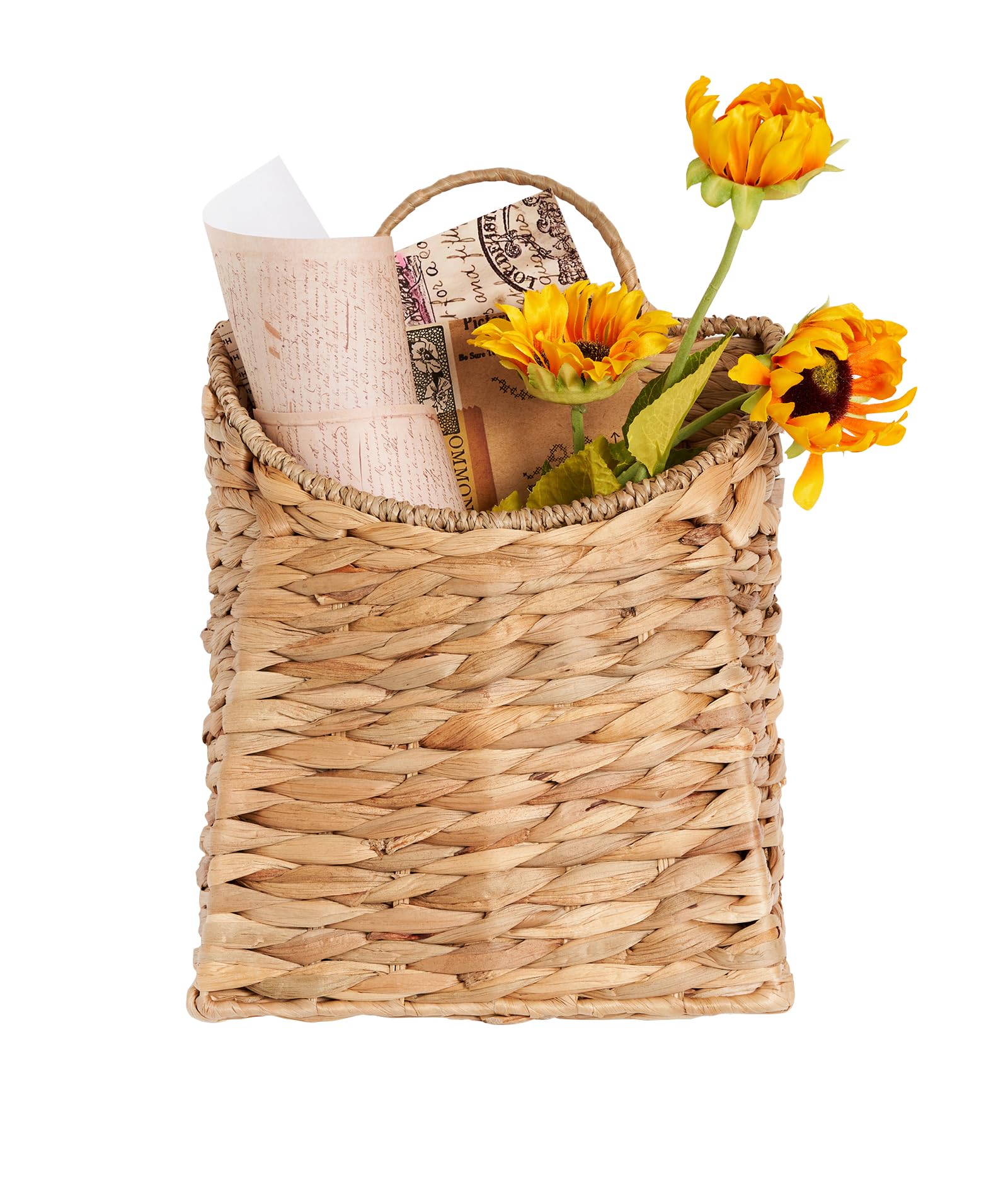 Hanging Basket, Woven Hyacinth,100% Handmade Wall Mount Storage Organize, Hangable Front Door Baskets for Flowers& Mail, Wicker Handmade Open Weave for organizing, Natural/Tan