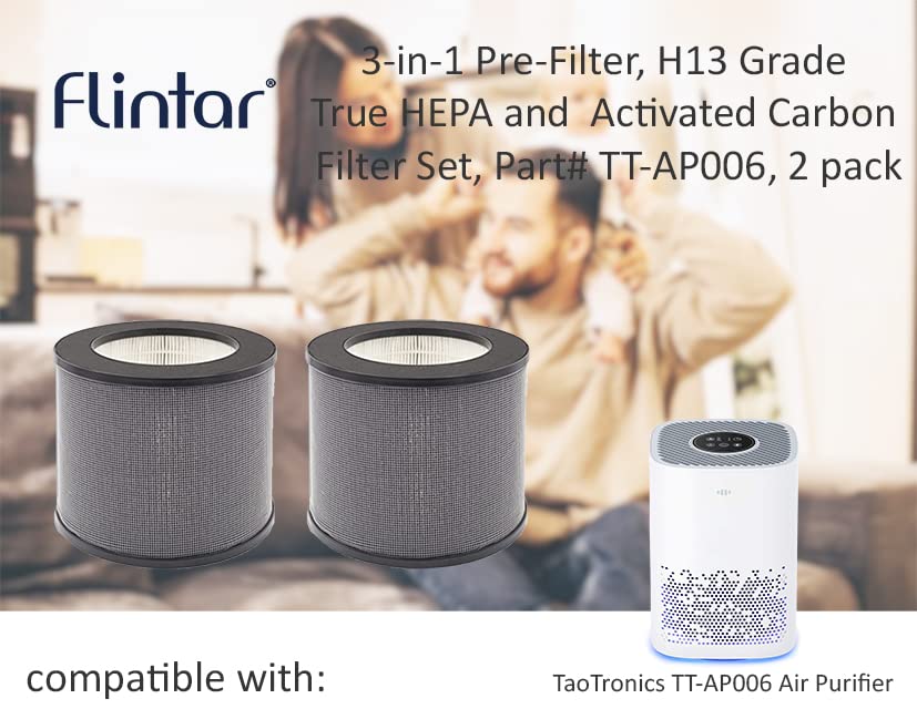 Flintar 2-Pack AP006 H13 True HEPA Replacement Filter, Compatible with TaoTronics TT-AP006 Air Purifier, 3-in-1 Pre-Filter, H13 Grade True HEPA and Activated Carbon Filter Set