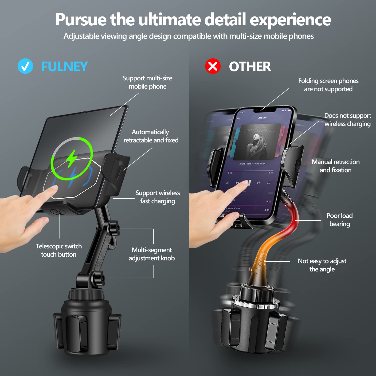 FULNEY Wireless Car Charger Mount, Cup Holder Phone Mount, Air Vent Mount, 15W Qi Charging, Compatible for Galaxy Z Fold 4/3/2/S23 Ultra, iPhone 14 Pro Max, Auto Clamping 5.6in-7.4in