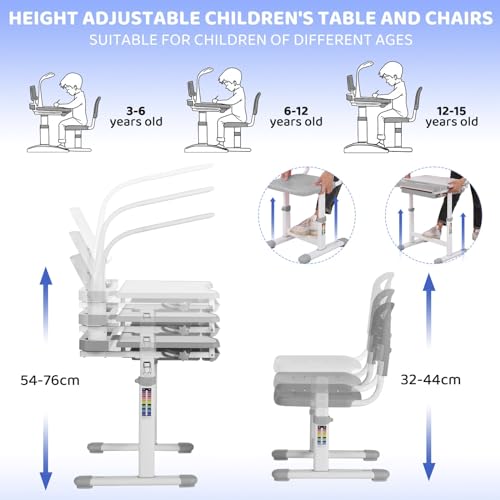 MAMIZO Kids Desk and Chair Set, Children School Study Desk Set with 40 Degree Tilt-able Desktop, Multi-Func Height Adjustable Table and Chair w/LED Light, Pull Out Drawer, Book Stand, Hook (Grey)