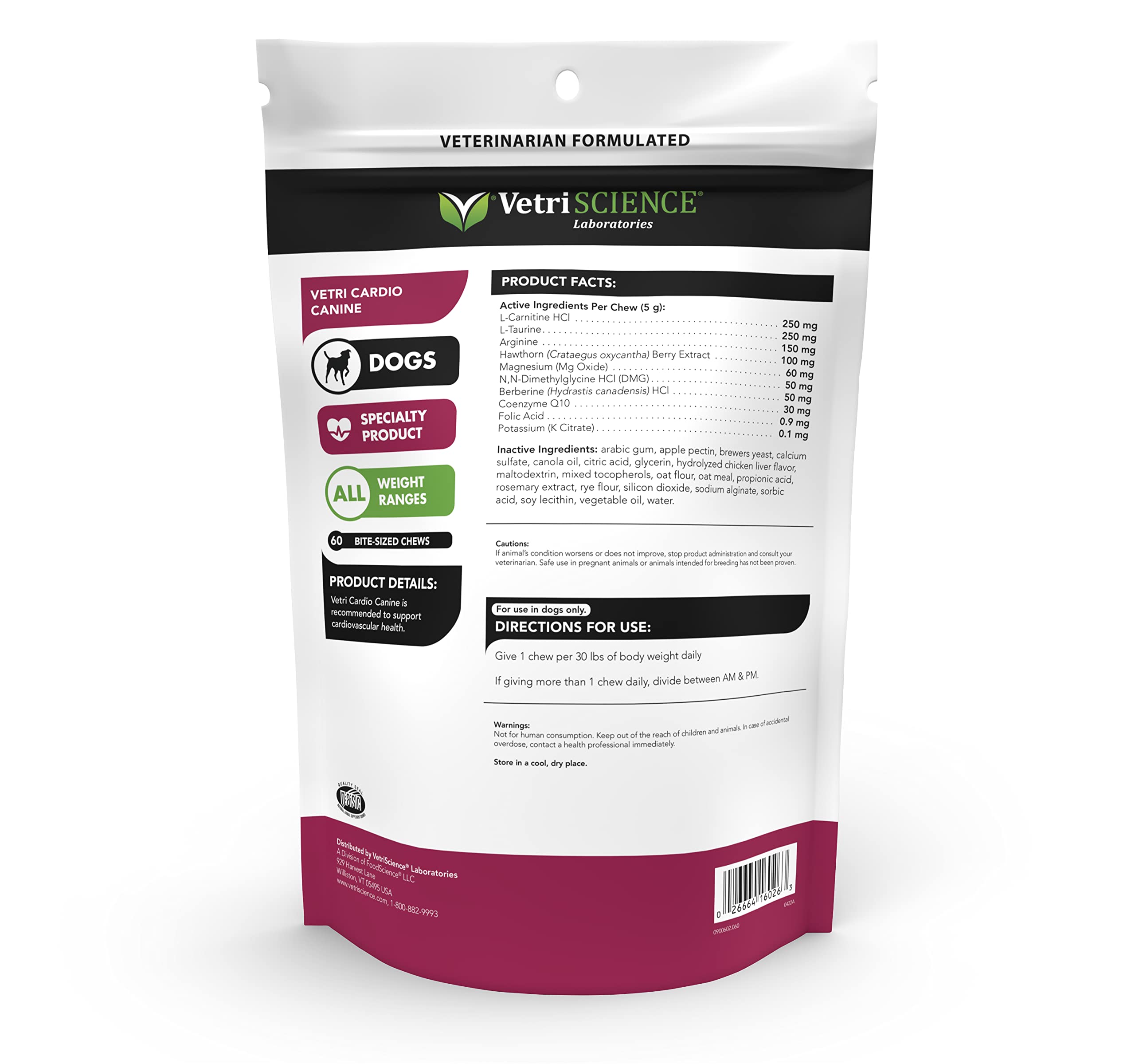 VETRISCIENCE Vetri Cardio Canine Complete Cardiovascular Support for Dogs with CoQ10, Taurine and Arginine, 60 Chews