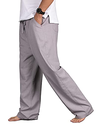 Men's Drawstring Loose Linen Beach Pants Lightweight Elastic Waist Yoga Lounge Cotton Trousers Pajamas (Grey, Large)