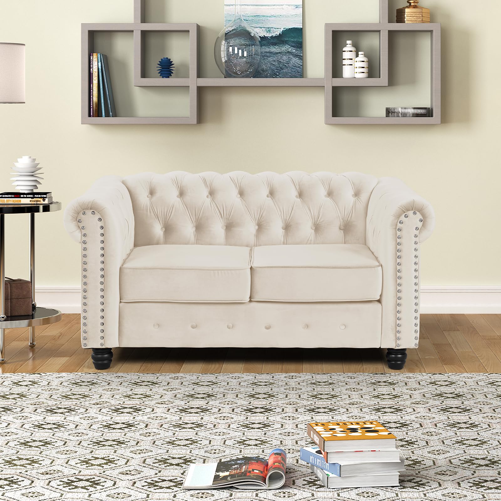 Morden Fort Loveseat for Living Room, Loveseat Sofa No Sagging, Loveseats 24'' Comfy Seat Depth, Modern Loveseat Tool-Free Assemble, Velvet Loveseat Pet-Friendly Super Soft Chesterfield Beige