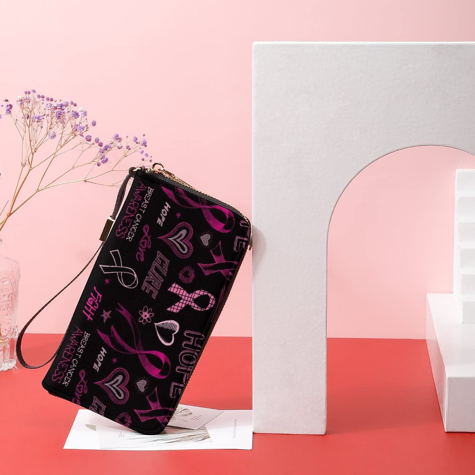 FunnyStar Breast Cancer Awareness Sketch Women's Long RFID Hand Wallet Wristlet Clutch Purse PU Leather Handbag with Wrist Strap