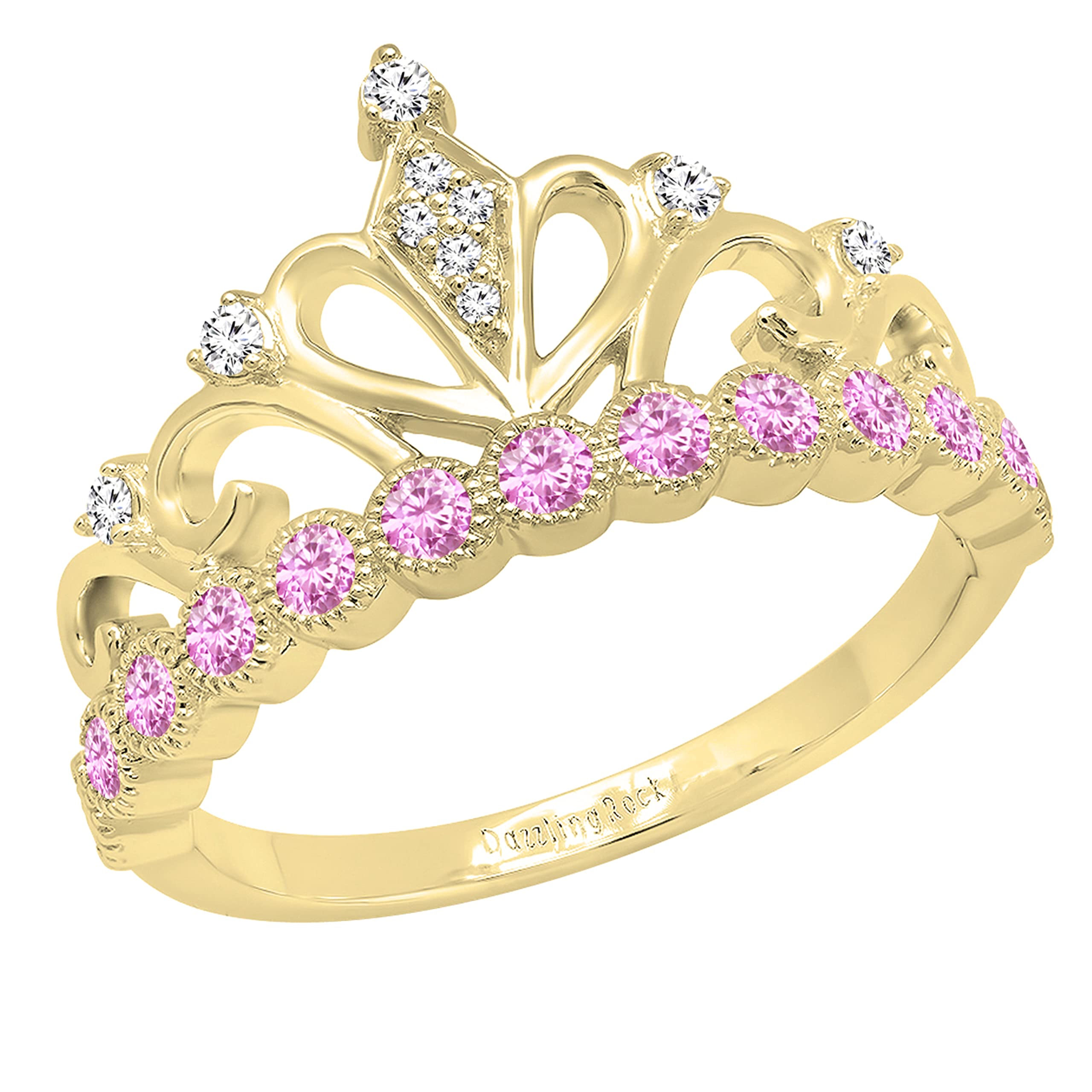 Dazzlingrock Collection Round Pink Sapphire & White Diamond Crown Style Engagement Ring for Women in 10K Yellow Gold, Size 6.5