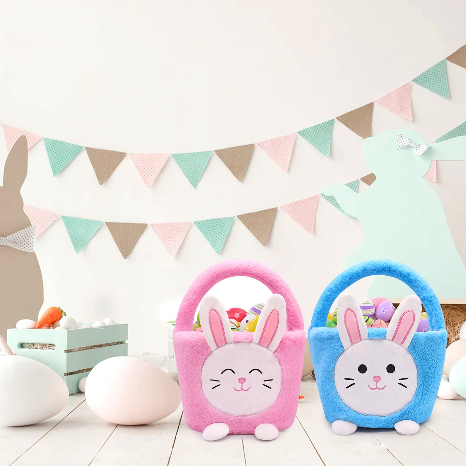 Easter Bunny Baskets, Easter Egg Hunt Basket for Kids Bunny, Easter bunny tote candy bags canvas bags, Bunny Gifts Bags Carry Bucket Easter Decorations, Pink