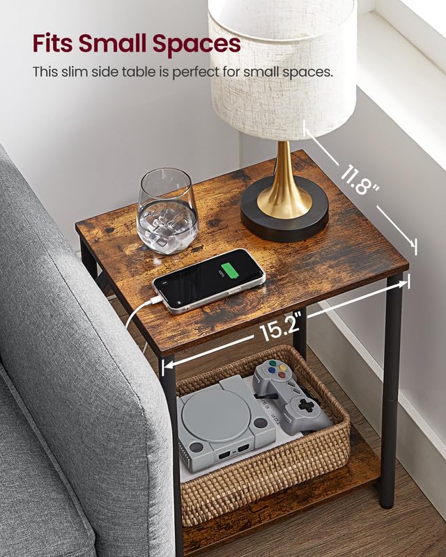 VASAGLE Side Table with Charging Station, End Table with USB Ports and Outlets, Nightstand for Living Room, Bedroom, Plug-in Series, Rustic Brown and Black ULET371B01