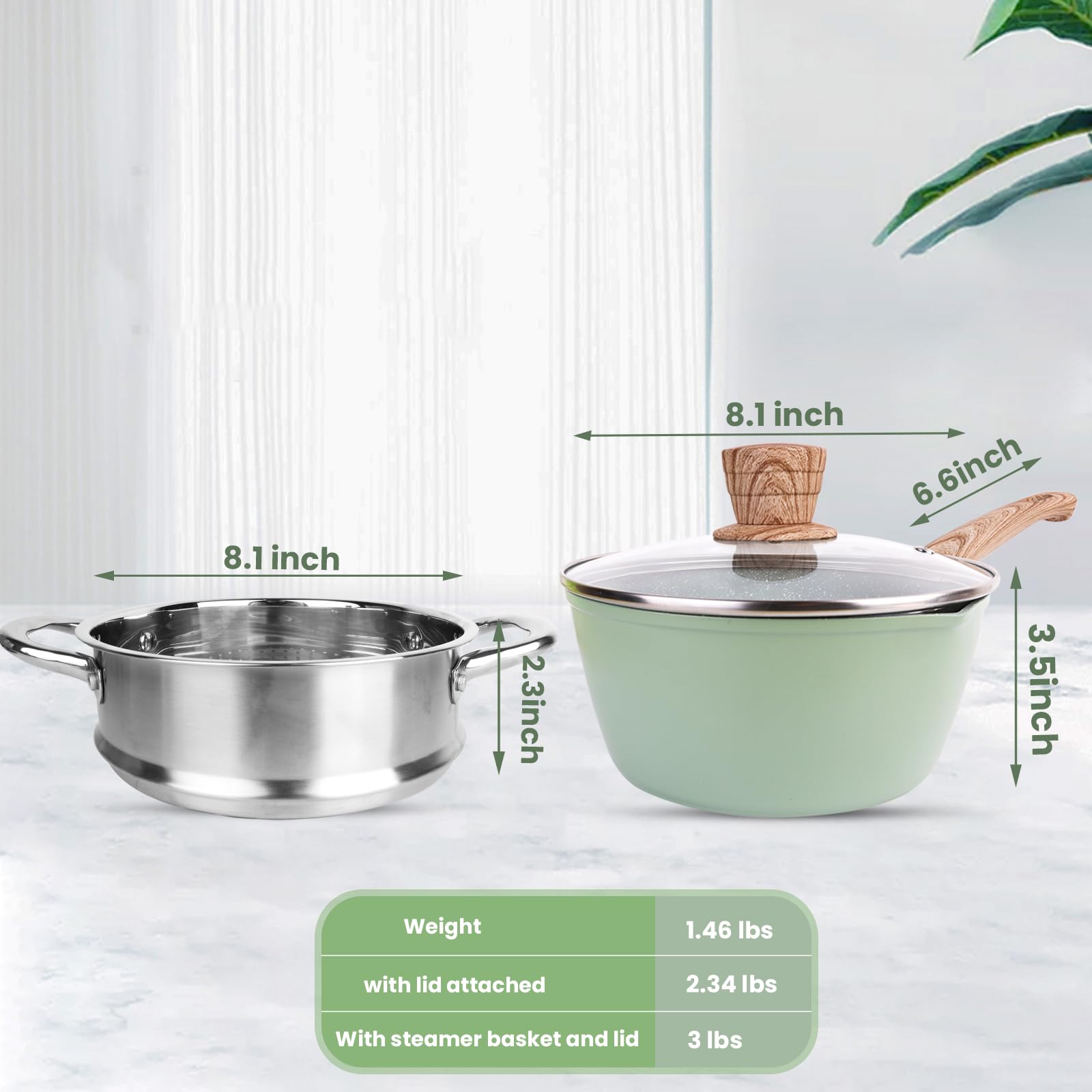INNERWELL Nonstick Sauce Pan with lid, 2.5QT,Small Saucepan with Steamer, Wooden cooling handle,Induction Compatible, PFOA/PFAS free,(Green)