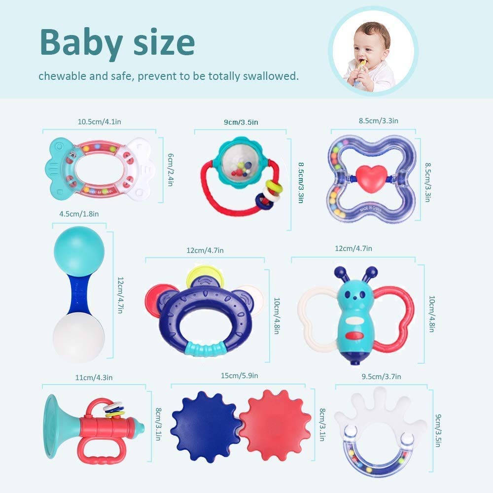 WISHTIME Baby Rattle Teether Baby Toys - 10pcs Shaker, Grab, Shaking Bell Rattle Set Infant Newborn Toys with Storage Box Gift for Babies 0 3 6 9 12 Months