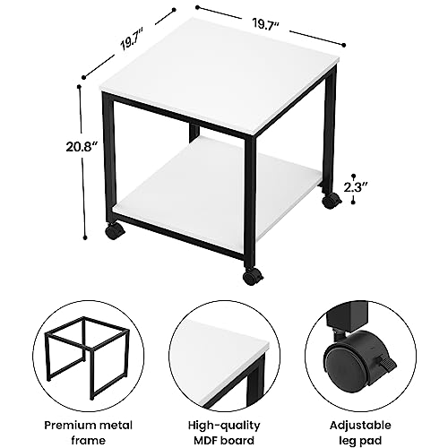 Homieasy Mobile 20 Inch Square End Table, 2-Tier Mini Fridge Printer Stand with Lockable Wheels, Metal Wood Accent Modern Simple Industrial Style Side Table for Living Room Bedroom, White