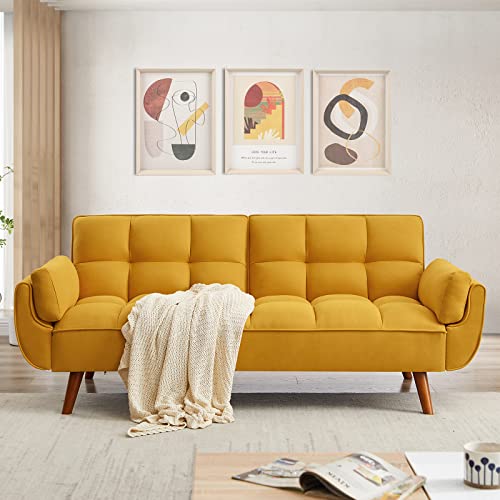 Homies Life Convertible Futon Sofa Bed, Linen Sleeper Couch, 75" W Modern 3 Seater Tufted Sofa with Adjustable Backrests and Soild Wood Legs for Living Room, Bedroom, Small Space, Yellow
