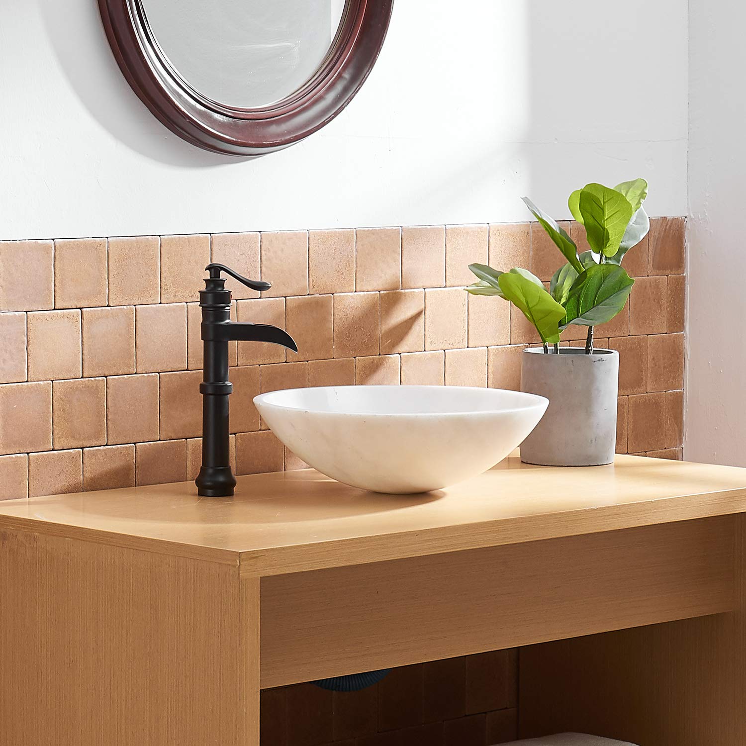 Matte Black Vessel Sink Faucet Waterfall with Pop Up Drain Assembly and Single-Handle Hole Supply Hose Lead-Free Vanity Lavatory Bathroom Faucet Mixer Tap