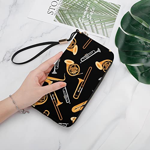FunnyStar Trombone Trumpet Saxophone Women's Long RFID Hand Wallet Wristlet Clutch Purse PU Leather Handbag with Wrist Strap