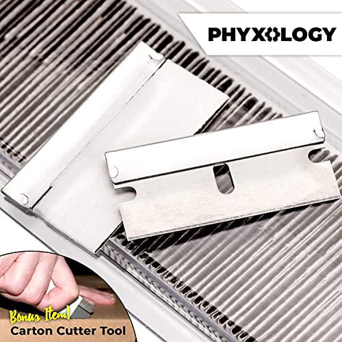 Ultra Sharp, USA-Made Steel Razor Scraper Blades Bulk 100 Pack by Phyxology Supply with Cardboard Carton Cutter Tool! Strong Single Edge 1.5 in Blade for Scrapers and Cutting Tools in a Safe Reclosable Box