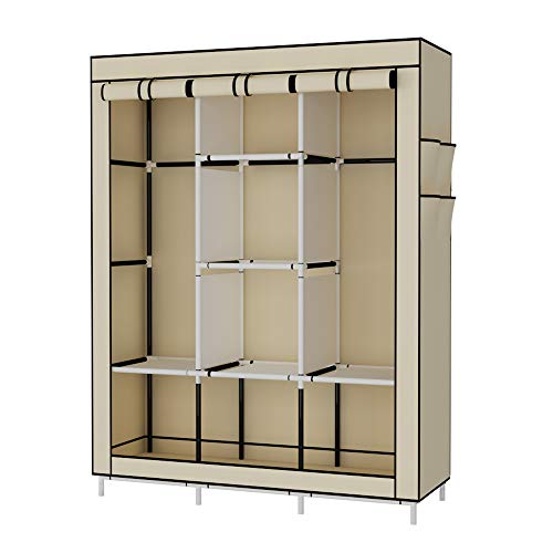 UDEAR Portable Wardrobe Closet Clothes Organizer No-Woven Fabric Cover with 6 Storage Shelves, 2 Hanging Sections and 4 Side Pockets,Beige