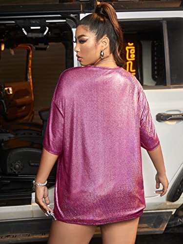 Verdusa Women's Plus Size Metallic T Shirt Drop Shoulder Oversized Tee Top Hot Pink 1XL