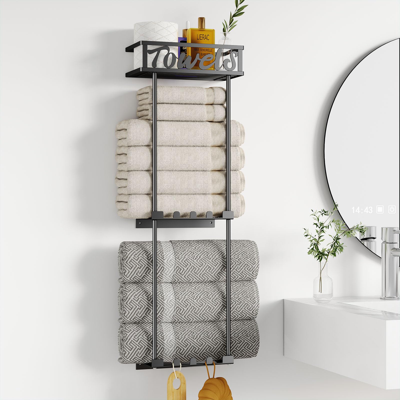 HapiRm Towel Racks for Bathroom - 3 Tier Towel Holder for Bathroom Wall, Towel Storage with Towel Basket Design and 6 Hooks, Towel Rack Wall Mounted for Bathroom Storage (Black)