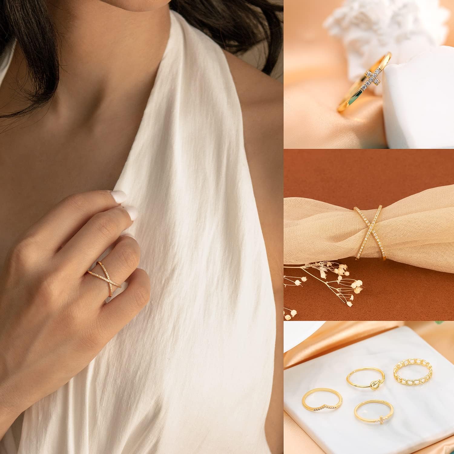 FUNEIA 8PCS 14K Gold Plated Stacking Rings for Women Size 4 to Size 12 Gold Silver Stackable Knuckle Rings Set for Teen Knot Wave Simple Thumb Thin Wedding Plain Band Rings