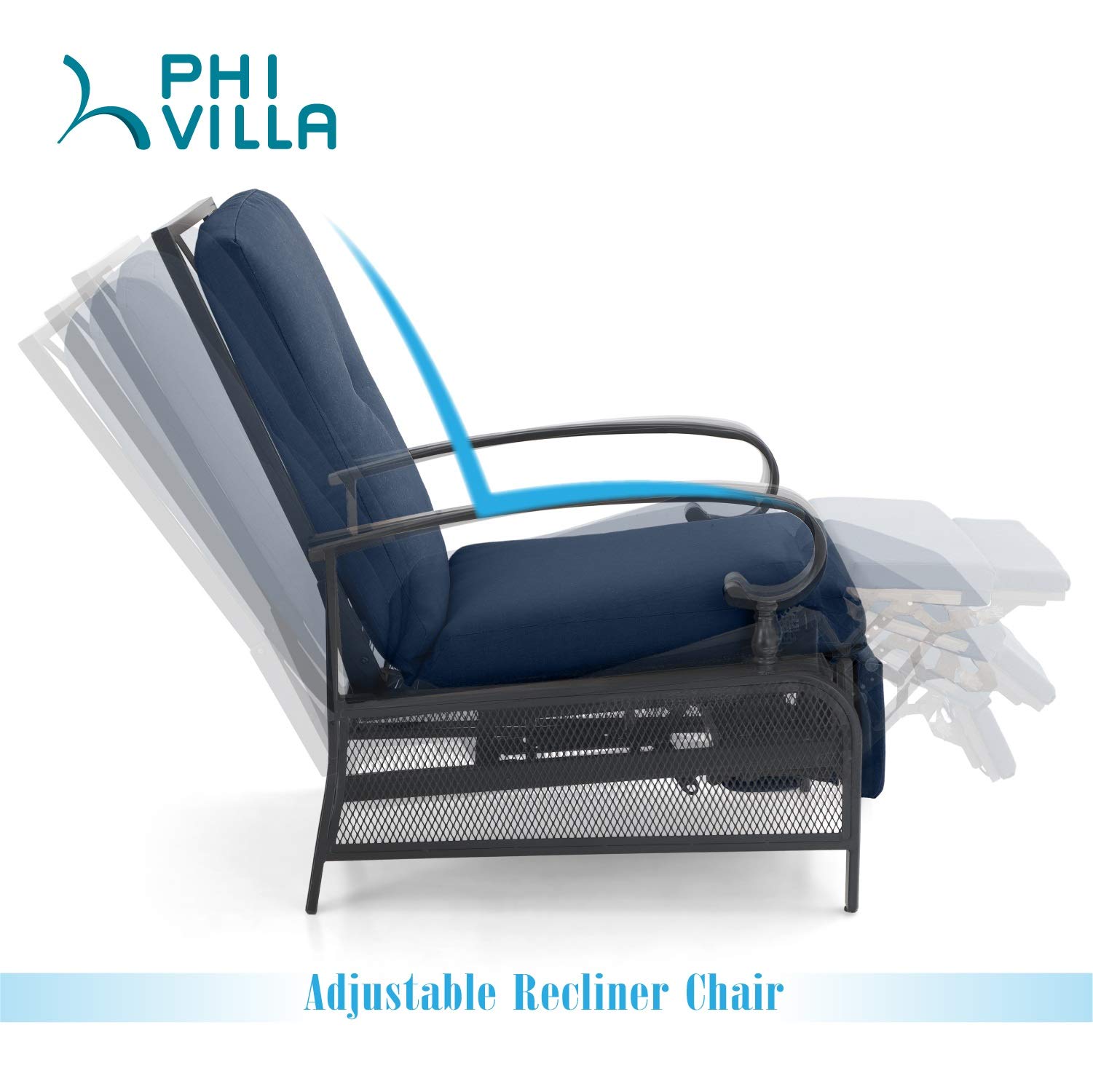PHI VILLA Adjustable Patio Recliner Chair Metal Outdoor Lounge Chair with Removable Cushions Support 300lbs, Navy