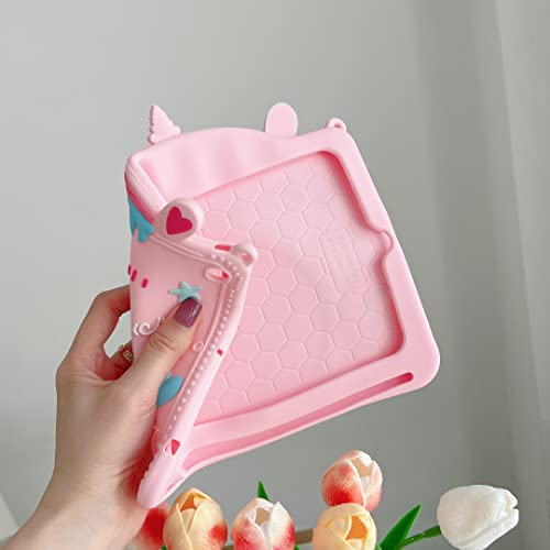 Premium Cute Soft Silicone Pink Unicorn Pattern Tablet Case with Built-in Foldable Kickstand and Lanyard Shockproof Cover Case for iPad Air 4 2020 10.9"