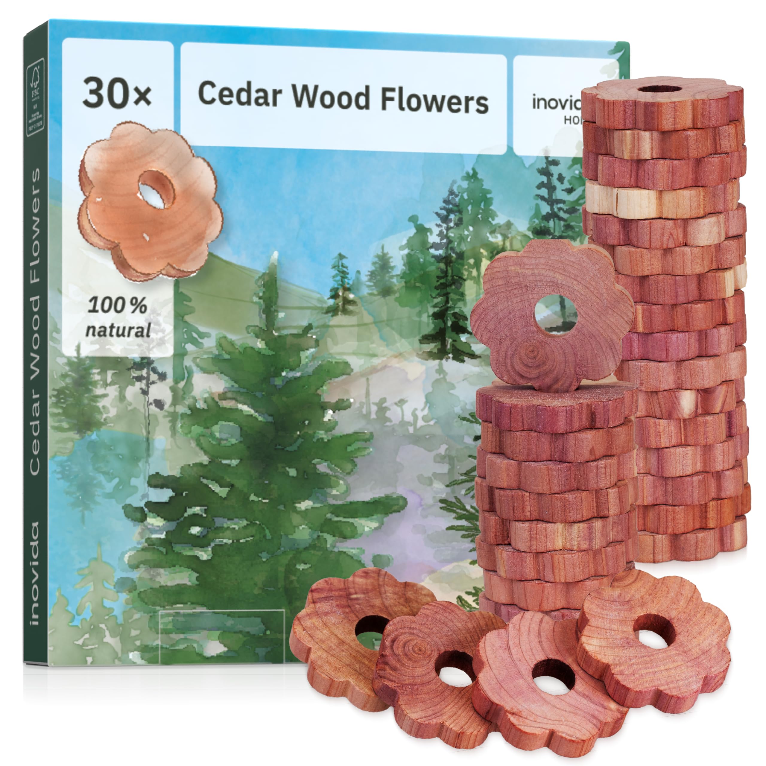 Inovida 30 American Cedar Wood Rings – Stop Clothes Damage - Wardrobe Freshener – Premium American Cedarwood Flowers for Fresh Scent in Drawers and Closets - Cedar Clothes Hangers