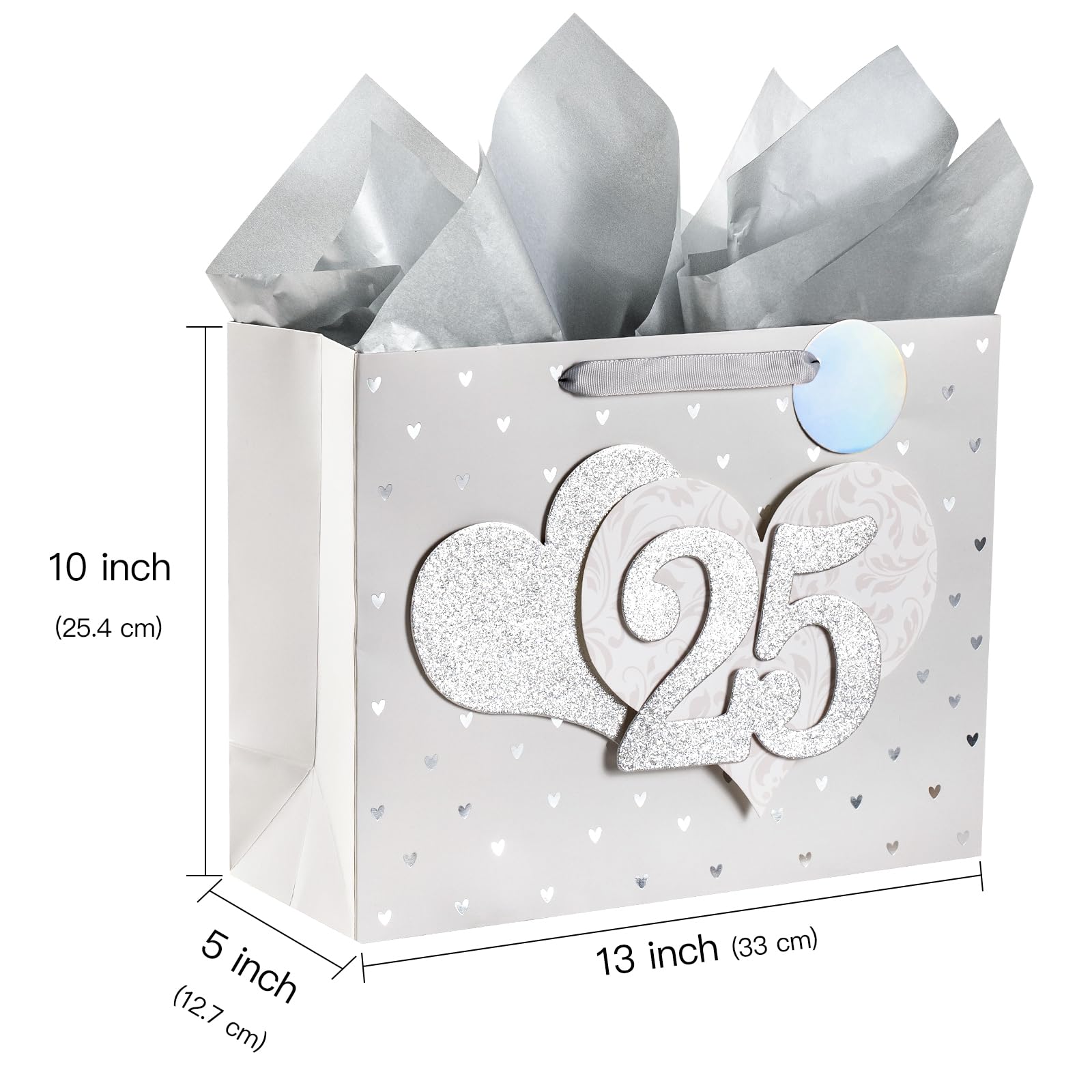 LeZakaa 13" Wedding Gift Bag, Silver Gift Bag with Tissue Paper, Gift Tag and Card - Number 25" with Heart 3D Paster for Silver Wedding Anniversary Celebrations