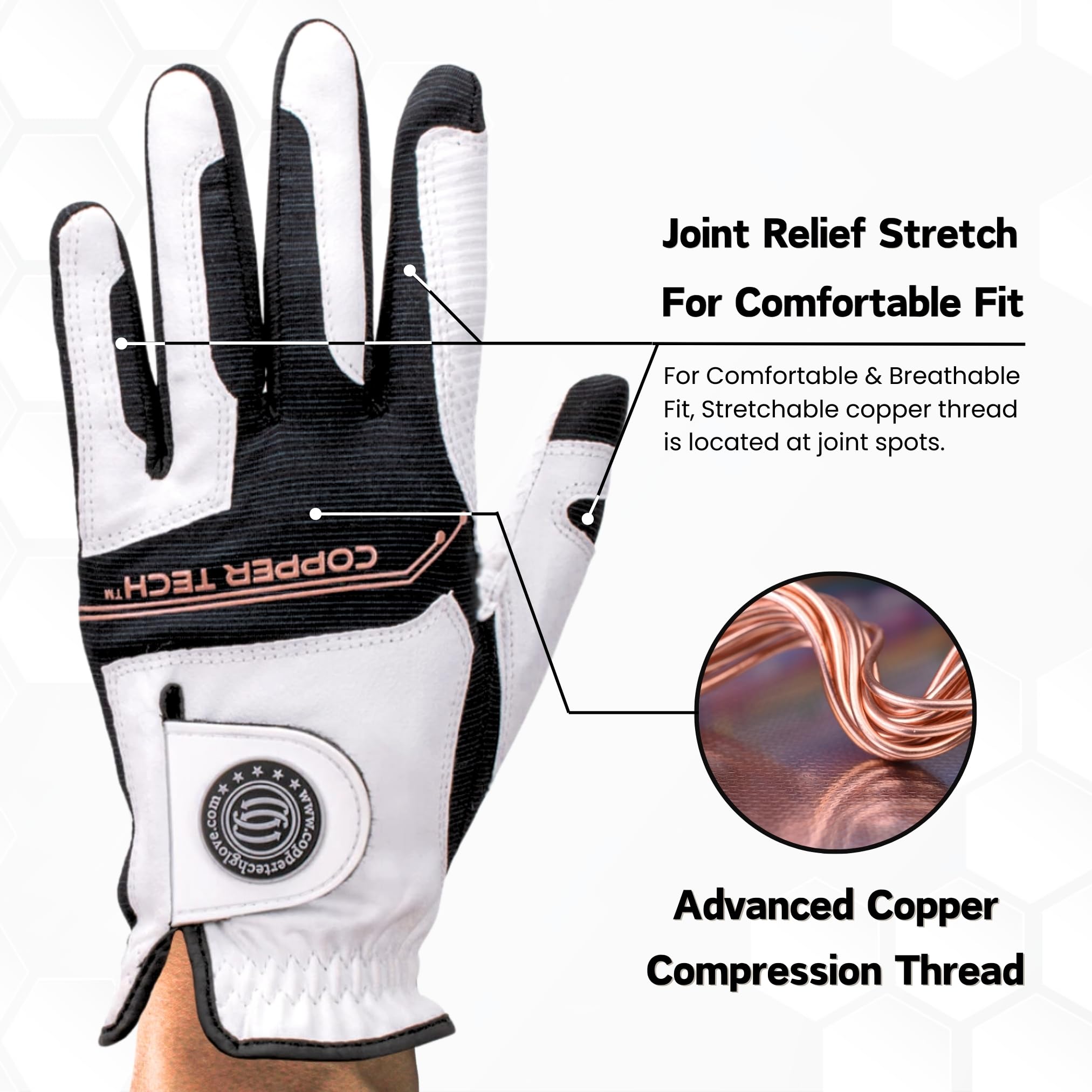 Copper Tech Men's Golf Gloves (2 Pack) - Crafted with 100% AAA Synthetic Leather - Advanced Copper Compression Golf Glove for Optimal Wrist and Joint Support (White/Black, X-Large, Left)