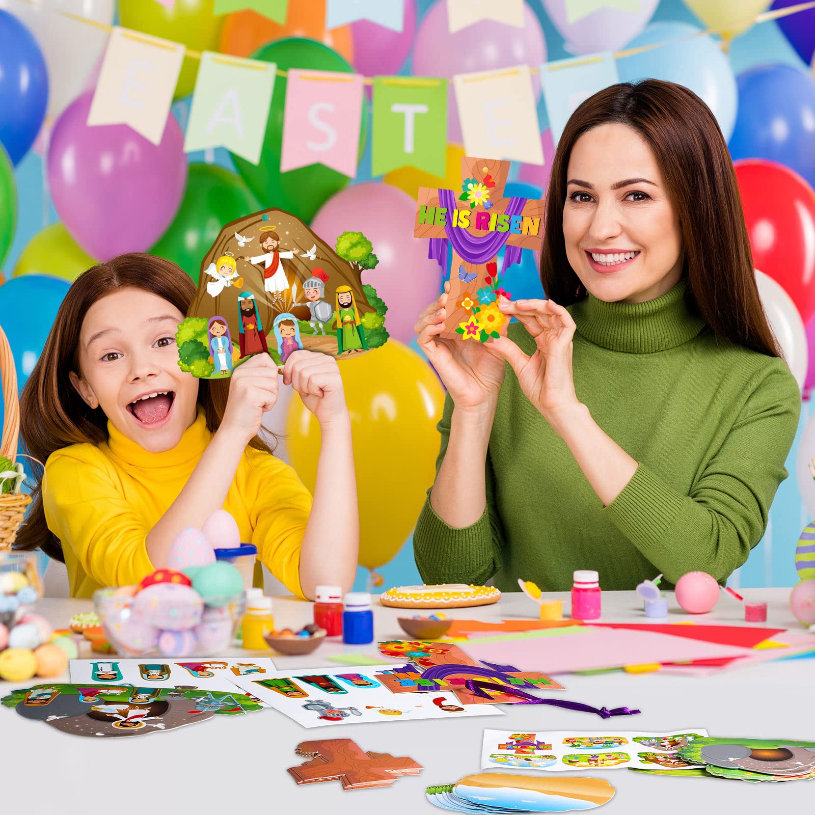 Funrous Easter Scene Hanging Ornaments Craft Kit for Kids, 48 Pack Religious Cardboard DIY Ornaments, 6 Styles, Interactive Teaching Tool, Church Party Decorations