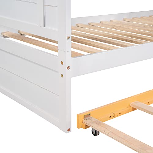 HomSof Twin Over Twin Bunk Bed with Trundle,Stairs,Ladders Solid Wood Bunk Bed with Storage Cabinet (White + Yellow)