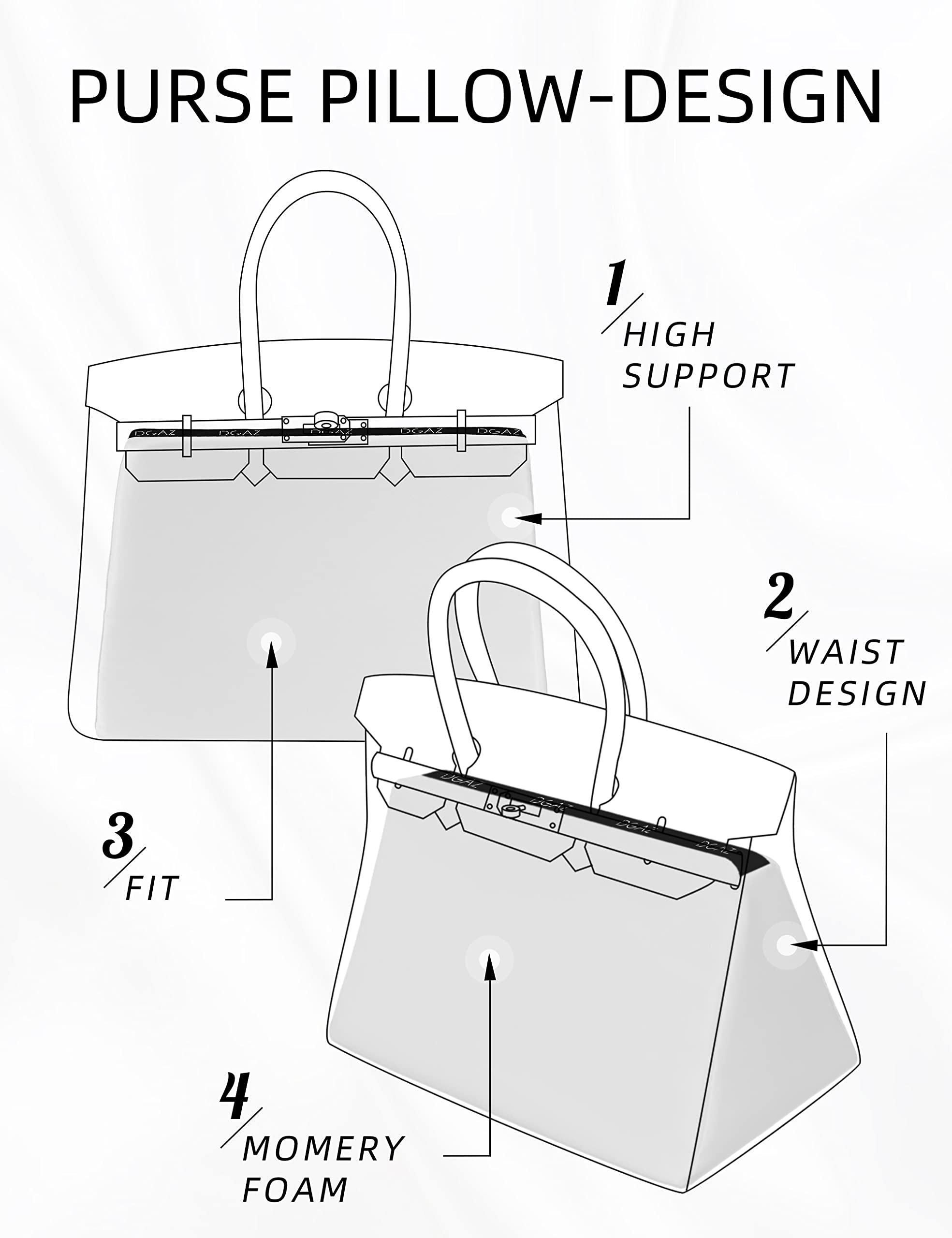 DGAZ Purse Pillow Shaper Insert,Luxury Handbag Tote Shapers, Memory Foam- Fits Birkin 25/30/35/40 Bag (White, BK25)