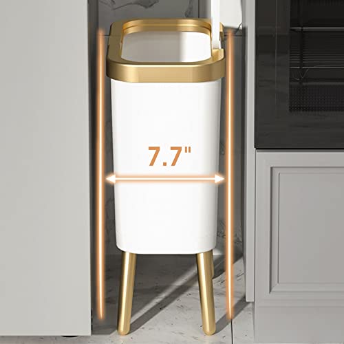Huaqinglian 4Gallon Bathroom Trash Can with Lid, Small Kitchen Garbage Can,Slim Bedroom Trash bin Wastebasket Plastic for Office/Toilet/Living Room(White with Gold Edge)