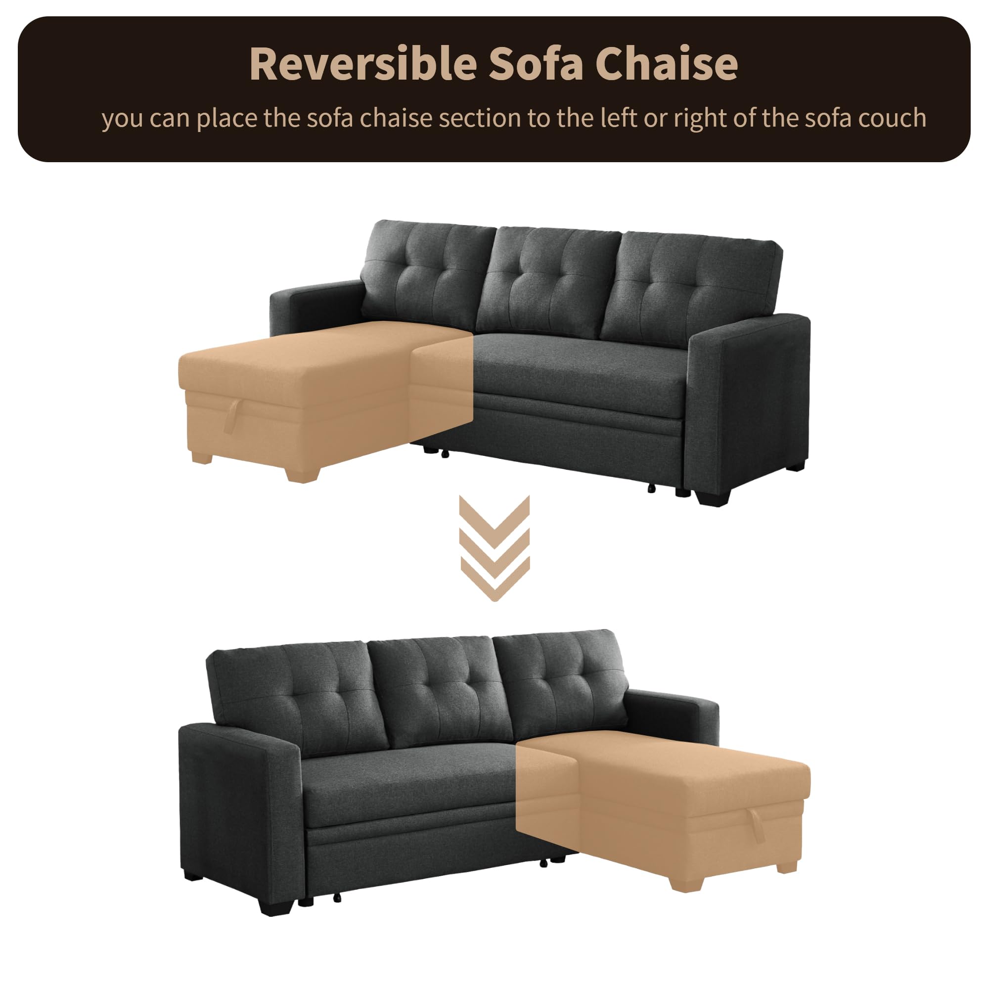 HHOK Pull Out Modular Sleeper Sofa Bed Living Room Furniture Sets, L Shaped Sectional Comfy Couch Upholstered with Reversible Storage Chaise Bench for Apartment, Home - Dark Gray Sofá