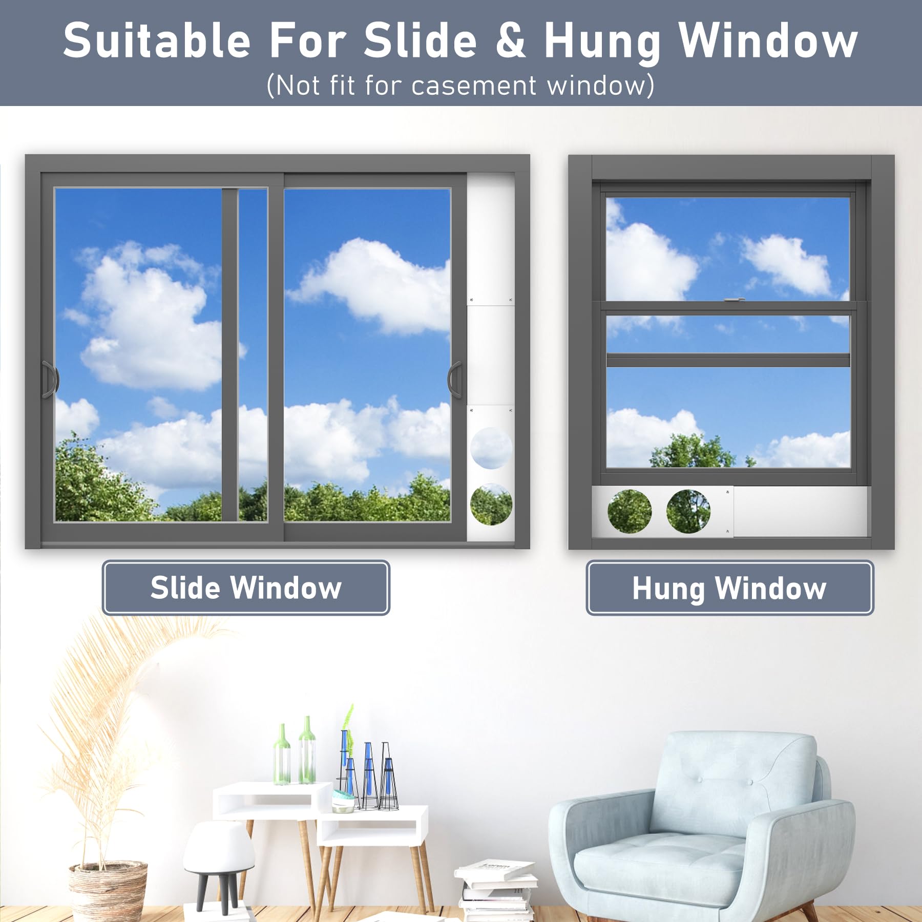 Flamorrow Dual Hose Portable Air Conditioner Window Kit, 5" Diameter Adjustable Window Seal Plates with Foam Seal Strip, Sliding AC Window Vent Kit for Exhaust Hose, White