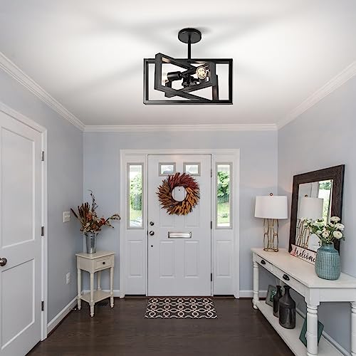 HuisMier 3 Lights Farmhouse Ceiling Light, Rustic Black Semi Flush Mount Ceiling Light Fixture Rectangular Metal Chandelier Lighting for Kitchen Foyer Hallway Bedroom Living Room Bathroom Entrance