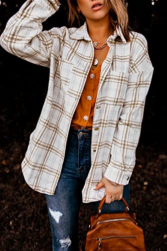 PRETTYGARDEN Women's 2023 Fall Clothes Plaid Shacket Jacket Long Sleeve Button Down Flannel Shirts Fashion Blouse(Plaid Khaki,Large)