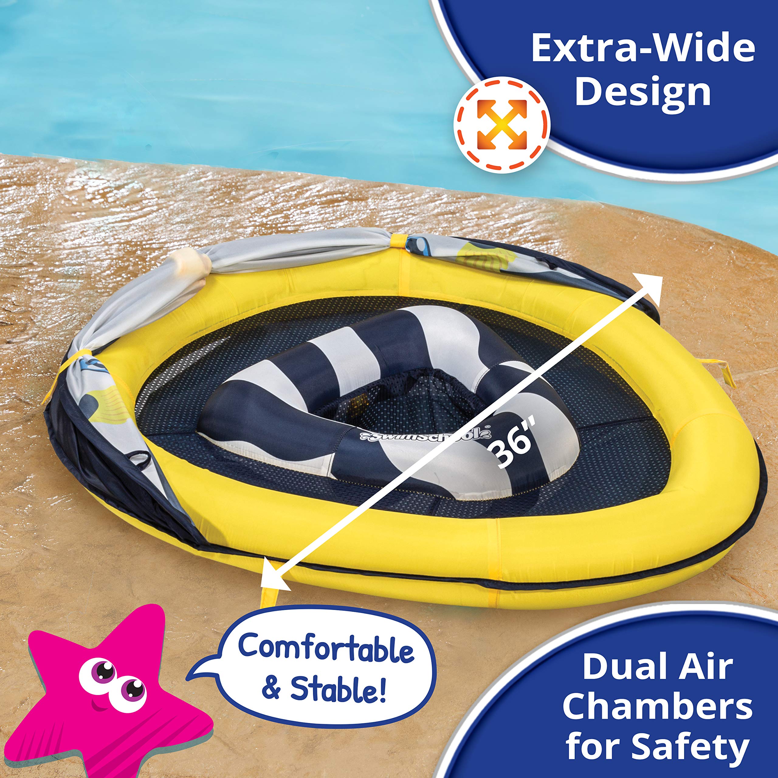 SwimSchool Deluxe Baby Float with Adjustable Canopy - 6-24 Months - Baby Swim Float with Splash & Play Activity Center Safety Seat - Navy/White