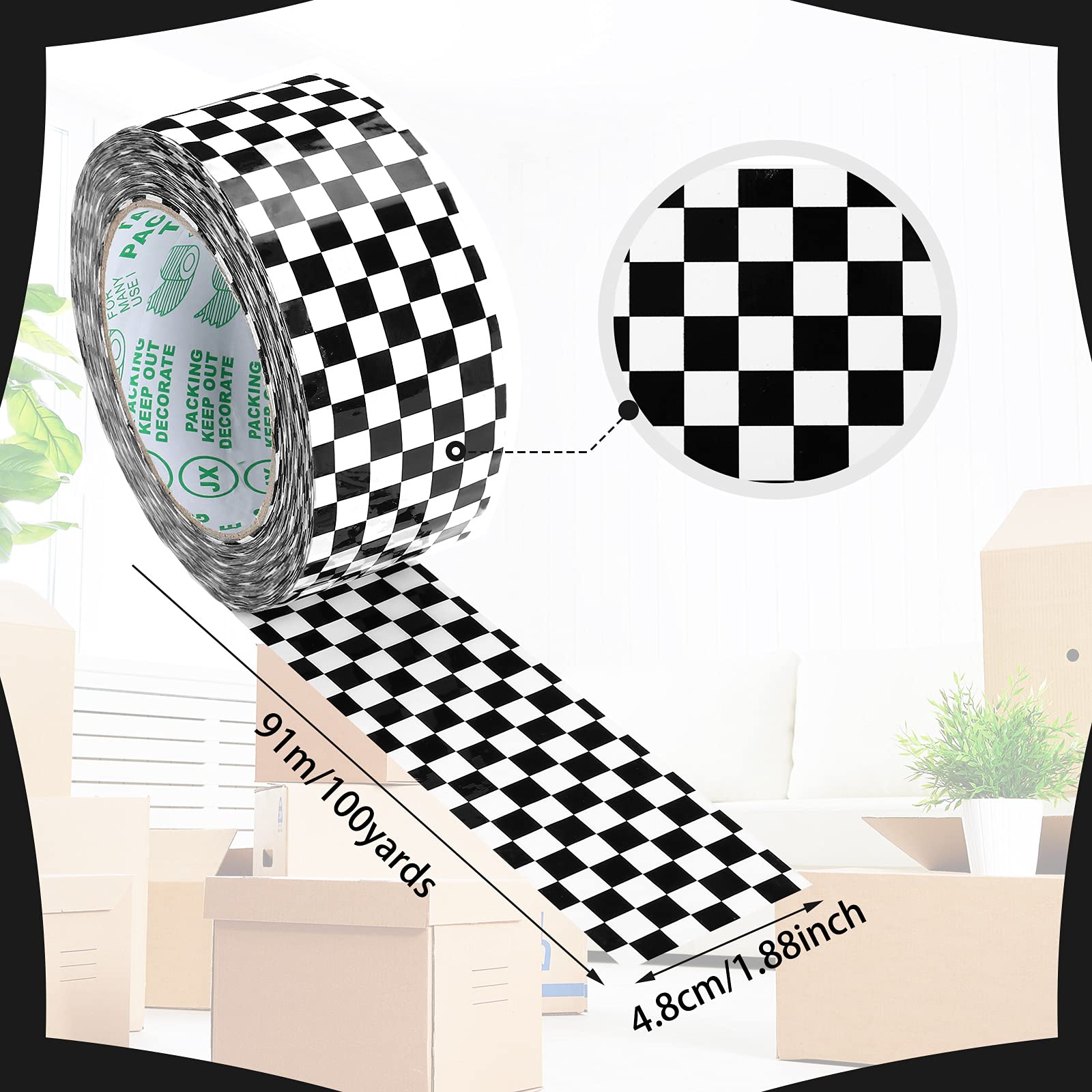 MTLEE Checkered Flag Tape Checkered Packing Tape Race Car Tape Printed Tape 1.88 Inches 100 Yards DIY Crafts Buffalo Tape Single Roll for Scrapbooking DIY Crafts Box Decoration