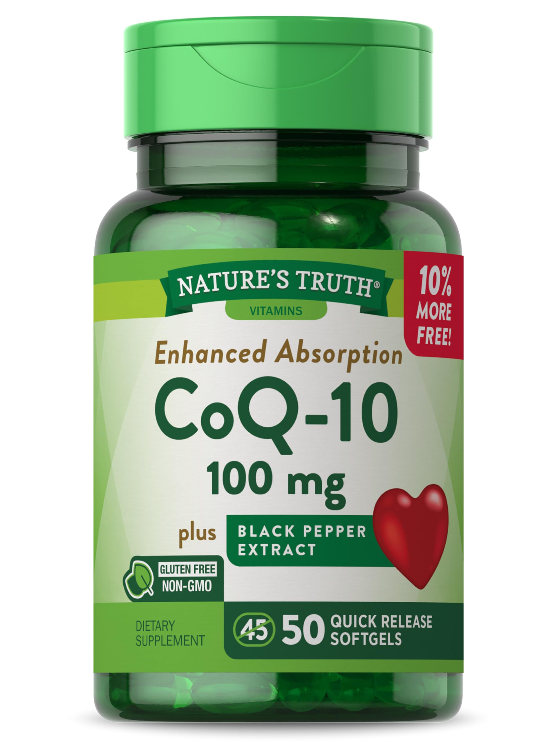 CoQ10 100mg | 50 Softgels | Enhanced Absorption Supplement | Plus Black Pepper Extract | Non-GMO and Gluten Free Formula | by Nature's Truth