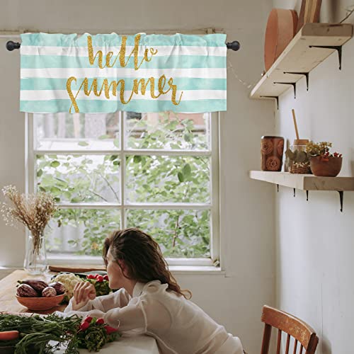 Vograud Valances for Windows, Hello Summer Gold Round Spots on Blue and White Stripes Rod Pocket Kitchen Curtains Valances, Short Window Valances for Living Room Bathroom 42β x 18β