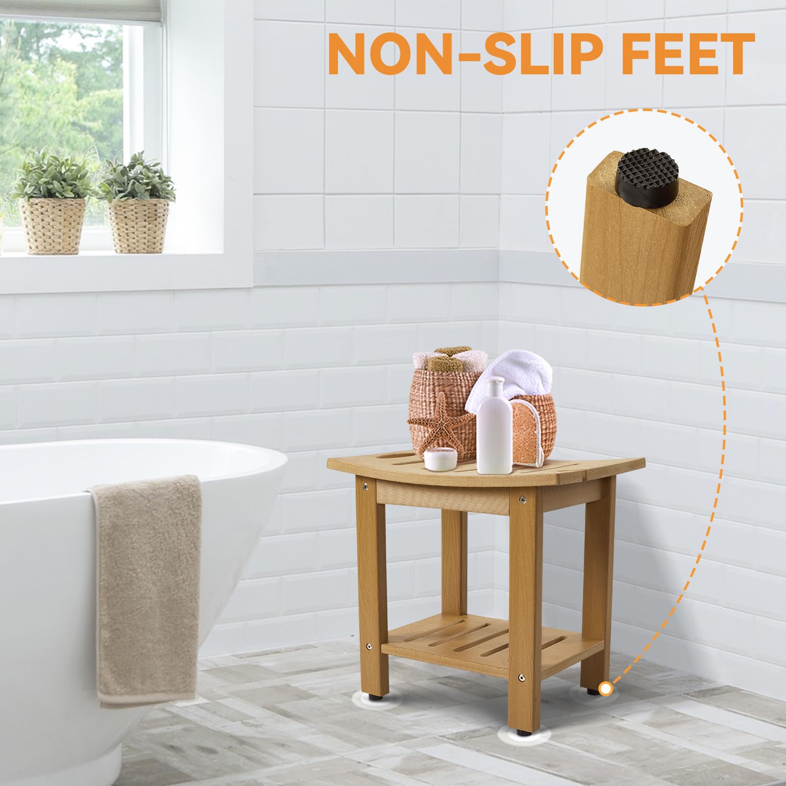 Marcytop Shower Bench with Storage Shelf, 18 1/2" D ×12" W HDPE Shower Stool for Inside Shower, Waterproof and Anti-Fade Shower Chair, Non-Slip Shower Seat with Handle for Bathroom, Bright Brown