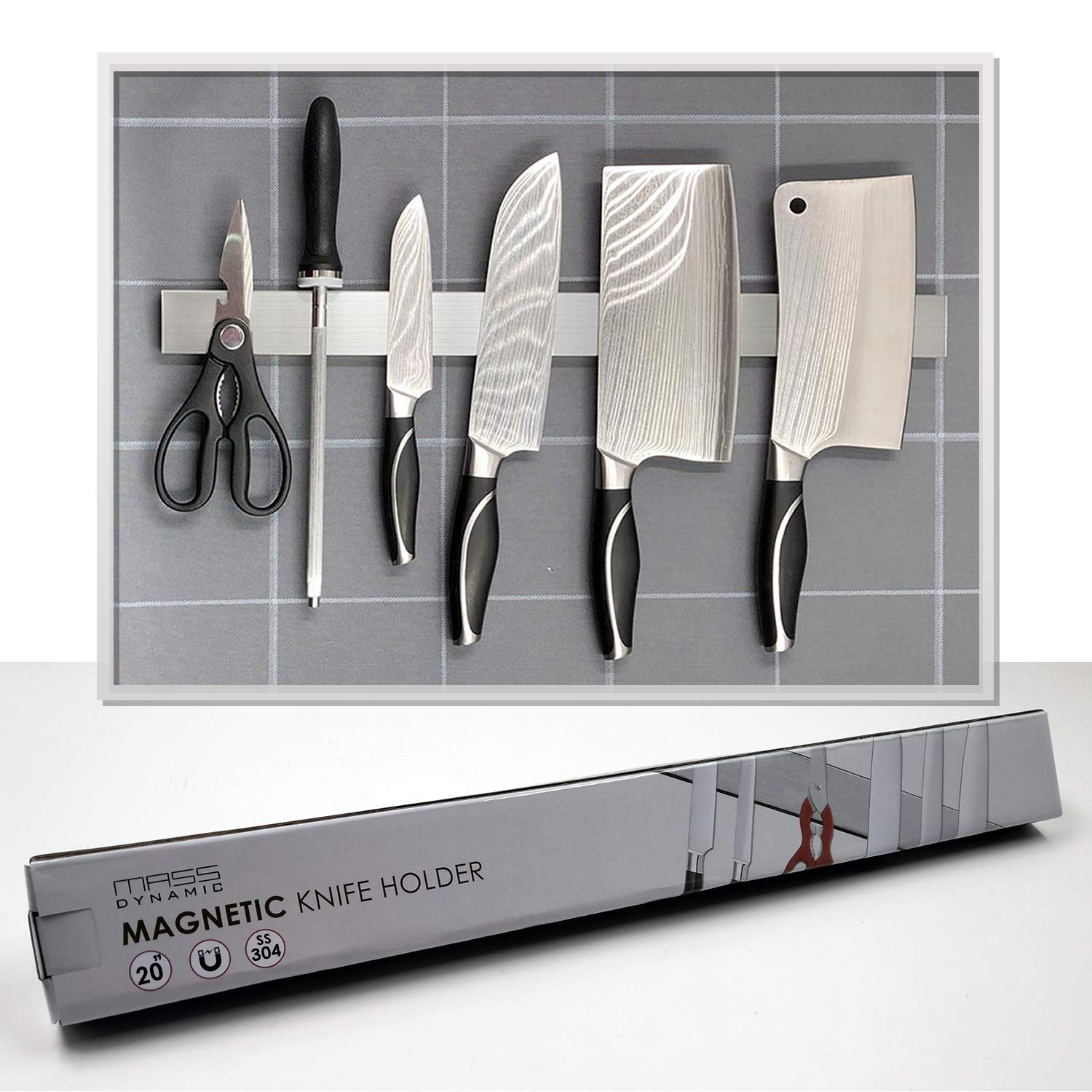 MASS DYNAMIC Magnetic Knife holder - 50 cm - Ideal Kitchen knives Storage Rack, Wall Mounted Utensil Organiser Metal Bar, Perfect Tools organizer large strip (20 Inch)