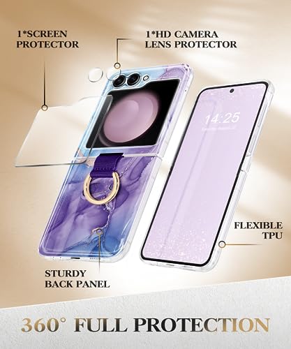 Vowodu Marble Case for Samsung Galaxy Z Flip 5 Case with Ring, [Precise Camera Protection]+[1*Screen Protector], Wireless Charging Anti-Scratch Shockproof Case for Z Flip 5 5G (Blue Purple)