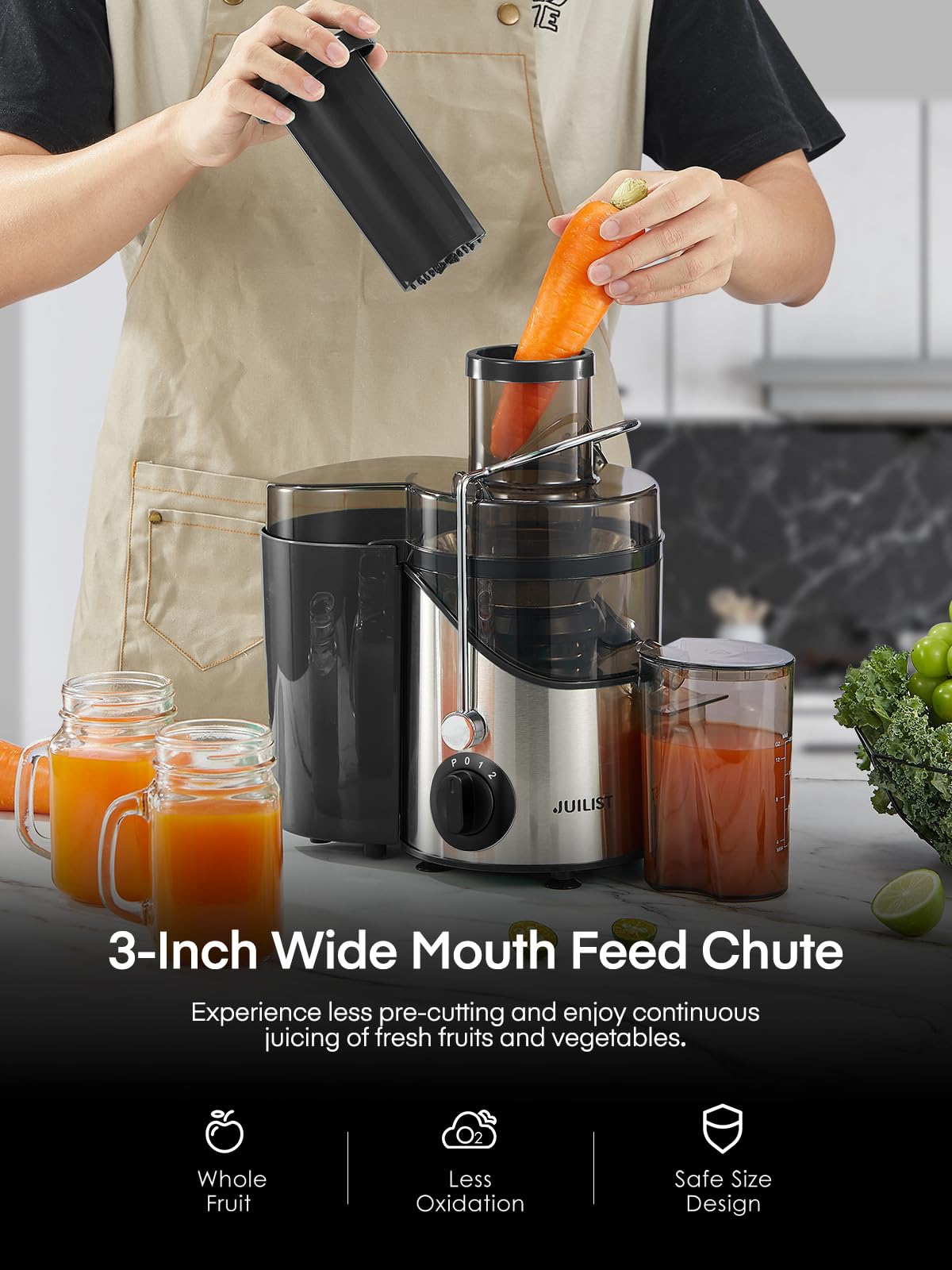 Juicer Machines, 600W Centrifugal Juicer Extractor with Wide Mouth 3” Feed Chute, 1200W Peak Power for Hard & Soft Fruit Vegetable, Easy to Clean, Stainless Steel, Silver