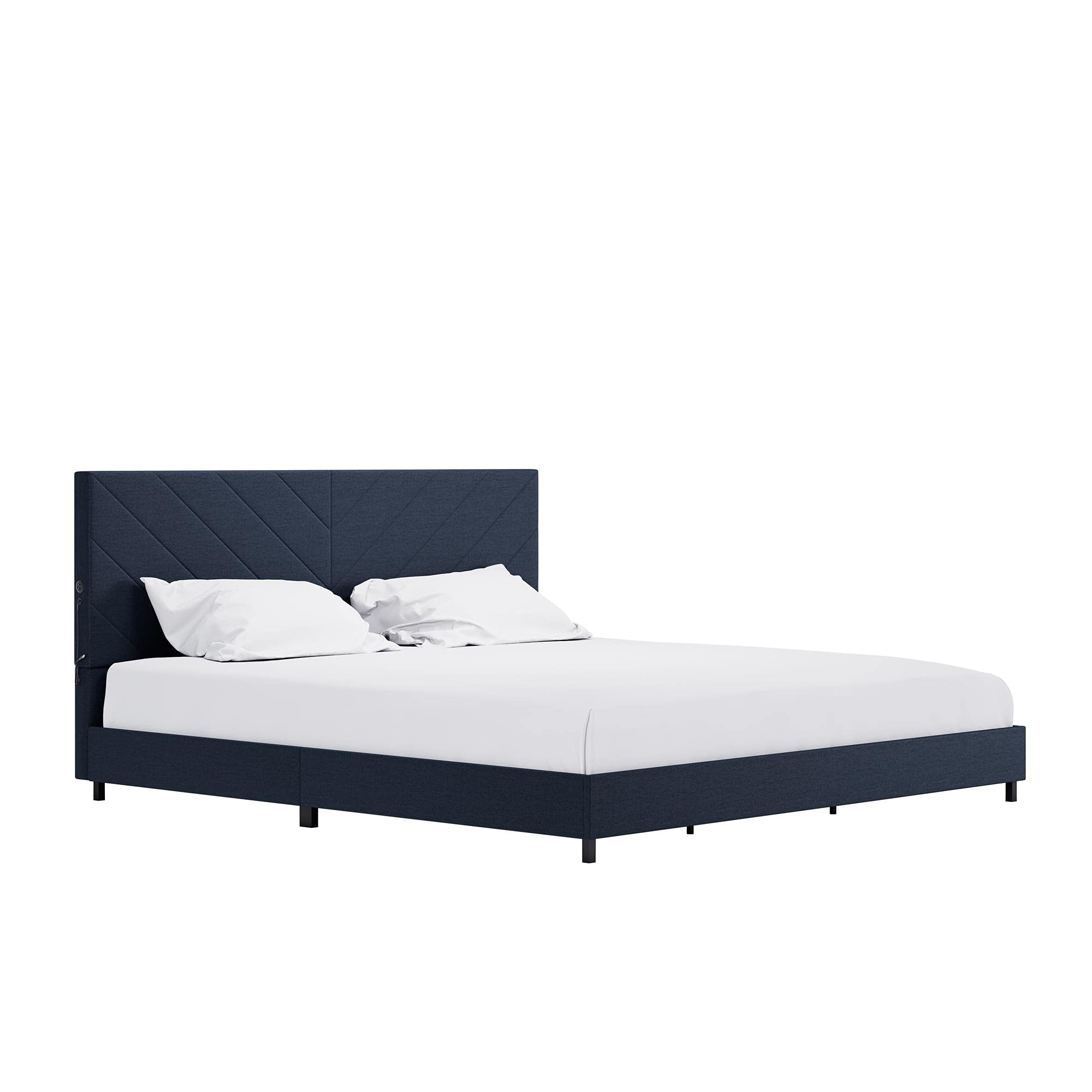 DHP Mathias Upholstered Bed with USB, Dual Port with Power Adapter, King, Navy