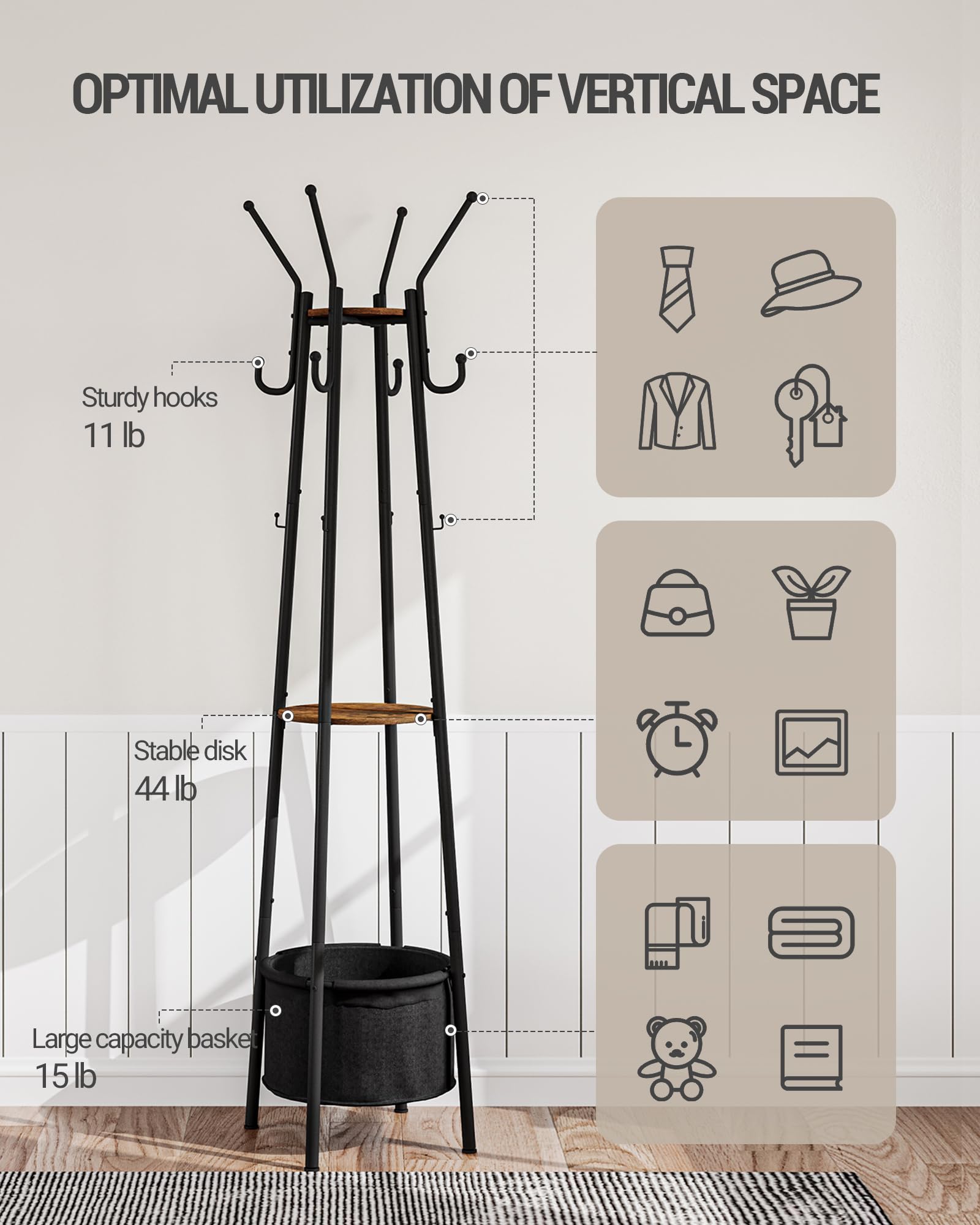 Hzuaneri Coat Rack Freestanding, Coat Rack Stand with 12 Hooks, Coat Tree, Coat Racks Coat Hanger Stand with 2 Shelves and Storage Basket, Hall Tree for Entrance, Hallway, Black CR24701B