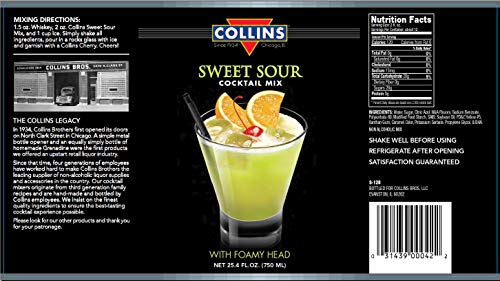 Collins Sweet and Sour Mix Made With Real Orange and Lemon Juice Classic Cocktail Recipe Ingredient, Home Bar Accessories Cocktail Mixers 32 fl oz