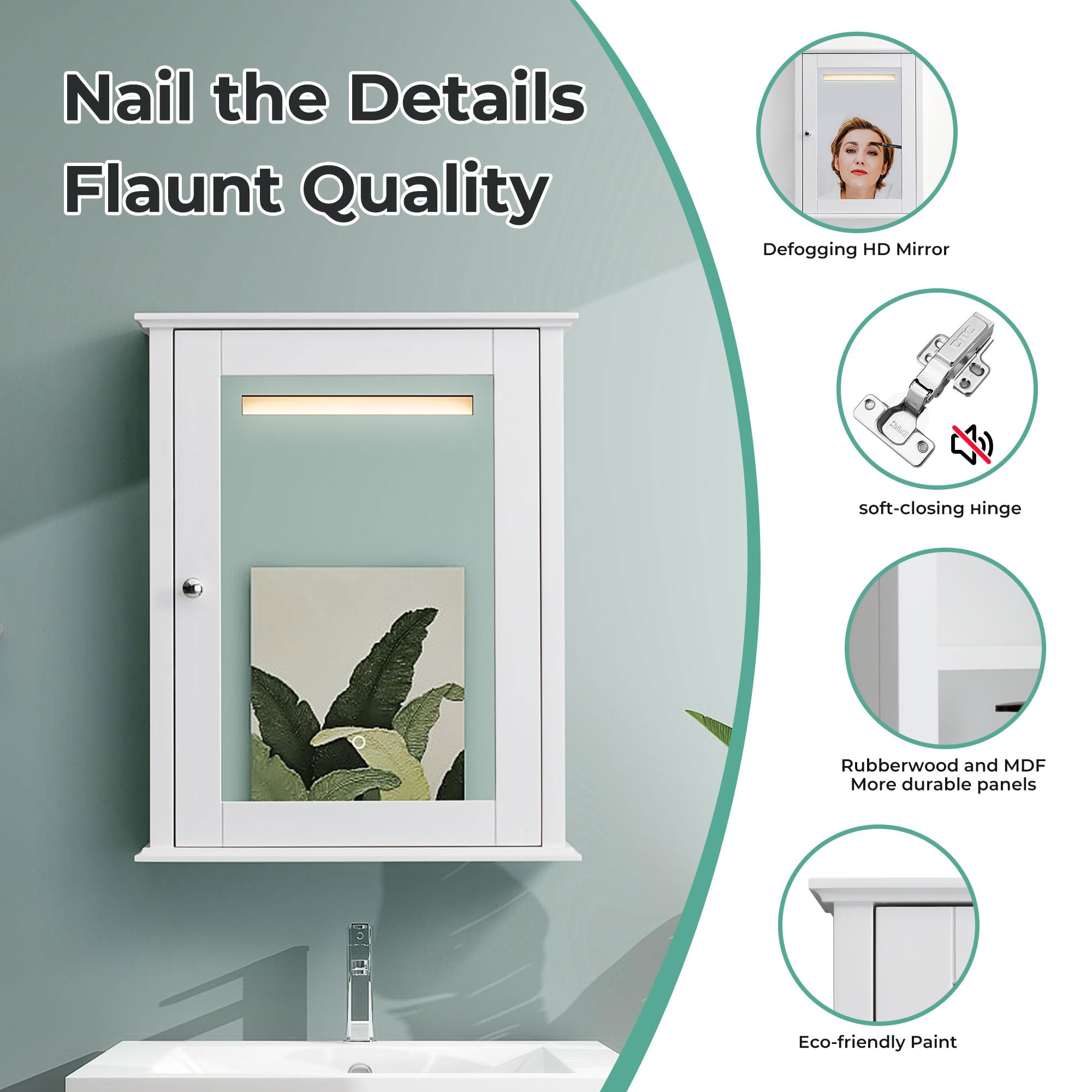 HIGEINE Bathroom Wall Cabinet with Mirror and Light, LED Mirrored Medicine Cabinet, Wall Mounted Storage Cabinet with Mirror and Adjustable Shelf,Fully Assembled